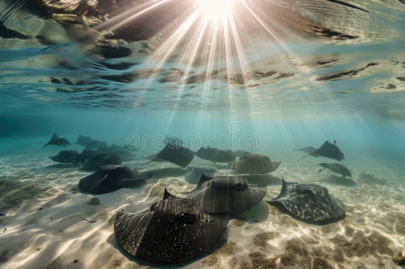 School of Rays Swimming through Crystal Clear Water Stock Illustration ...