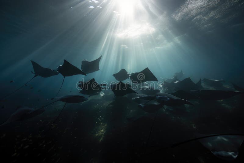 School of Rays Swimming in Formation with Their Fins Flapping Stock ...