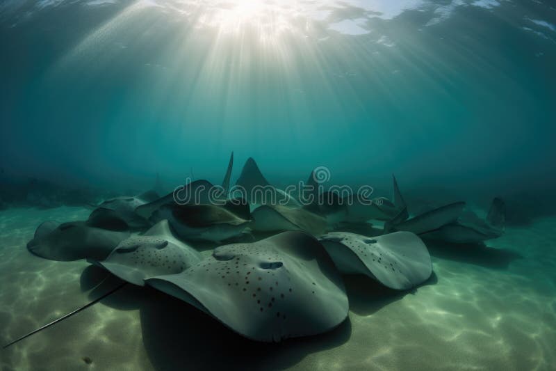 School of Rays Swimming Together in Synchronized Formation Stock ...