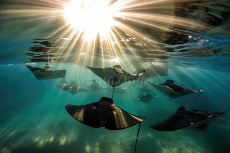 A School of Rays Swimming Together, Their Flat Bodies and Flowing Tails ...