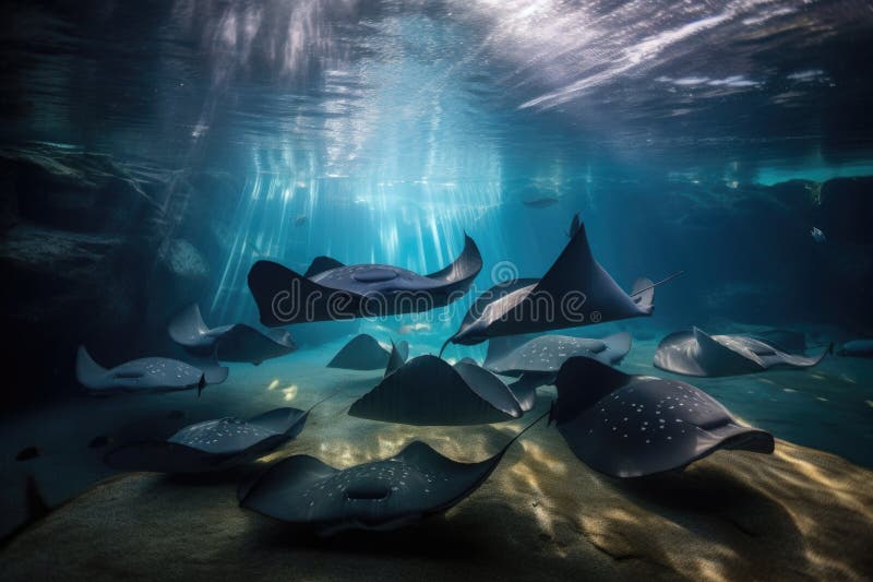 School of Rays Swimming in Underwater Garden of Tropical Fish Stock ...