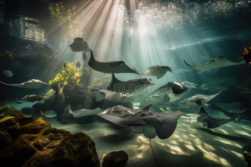 School of Rays Swimming in Underwater Garden of Tropical Fish Stock ...