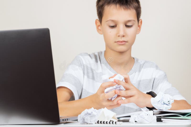 School, Remote Education, Online Learning Concept. Kid Sitting at Table ...