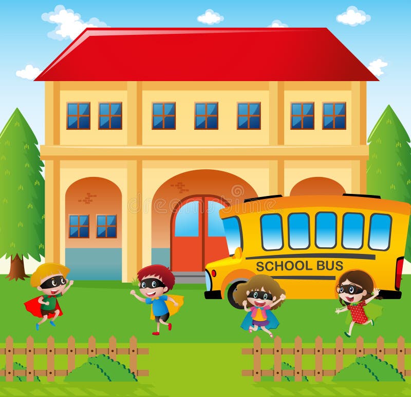School Scene with Students and Bus Stock Vector - Illustration of ...