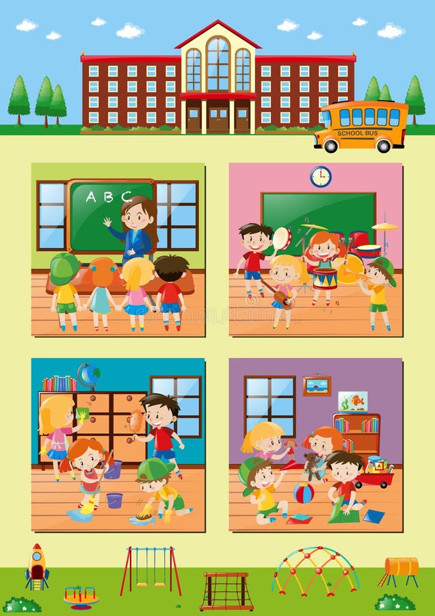 School Scenes with Teacher and Students Stock Illustration ...
