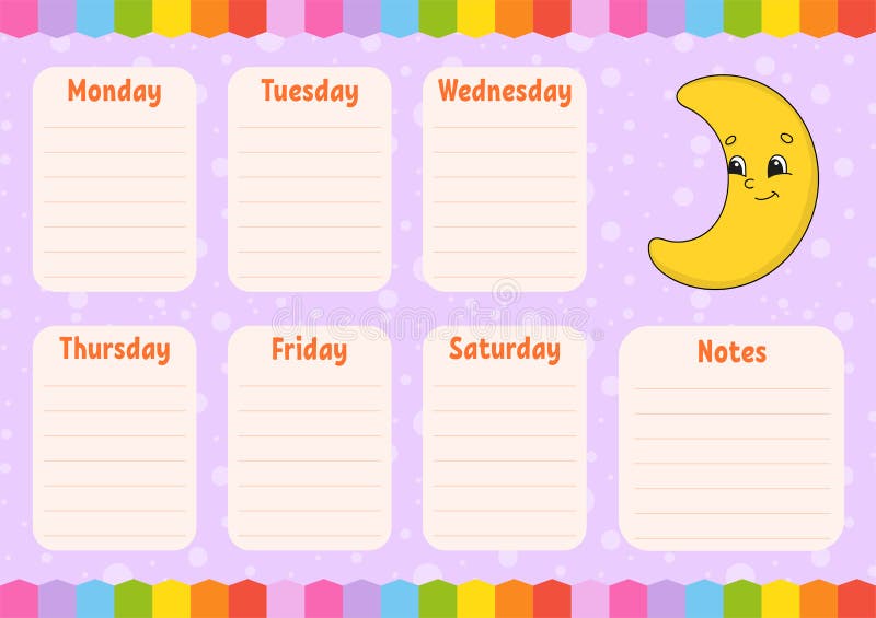School Schedule. Timetable for Kids. Empty Template. Weekly Planer with ...