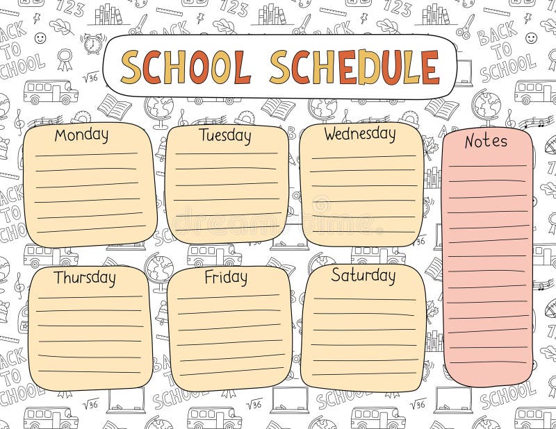 School Schedule Template Printable US Letter Size Vector. Weekly Class ...