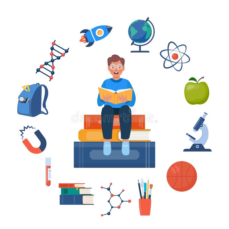 School, Science and Education Icons Around School Kid. Boy Kid Getting ...
