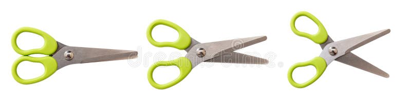School Scissors Closed Open and Wide Open, Green Handle Isolated on ...