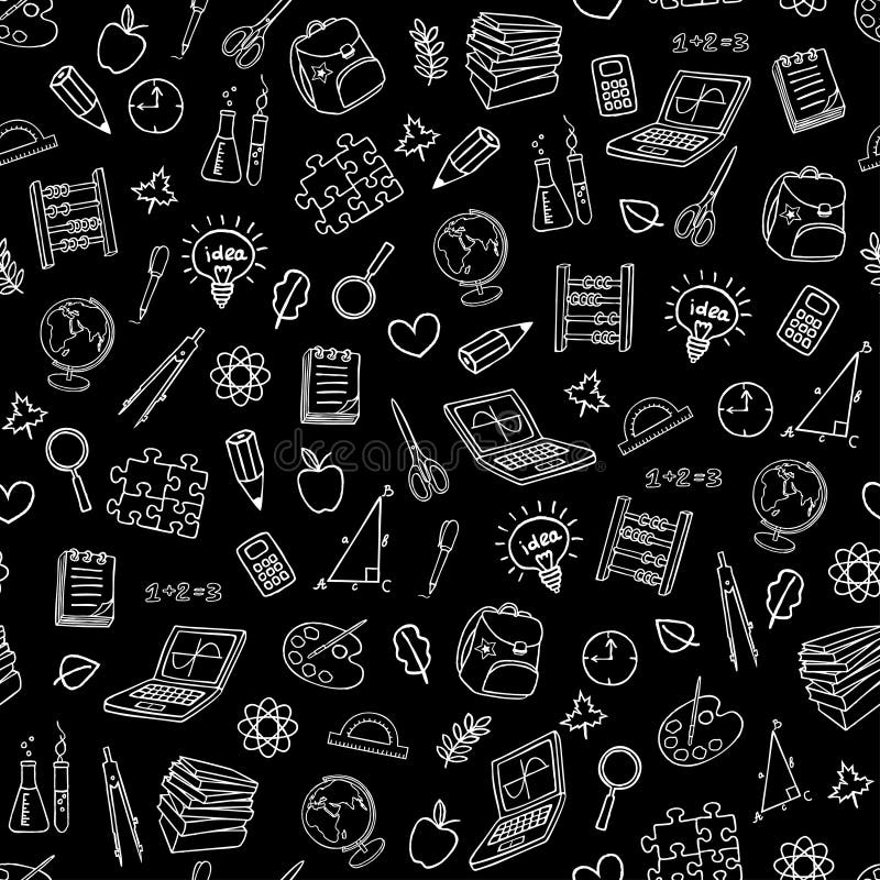 School Doodle Seamless Pattern with Book, Pencil, Globe, Bag, Ruler ...