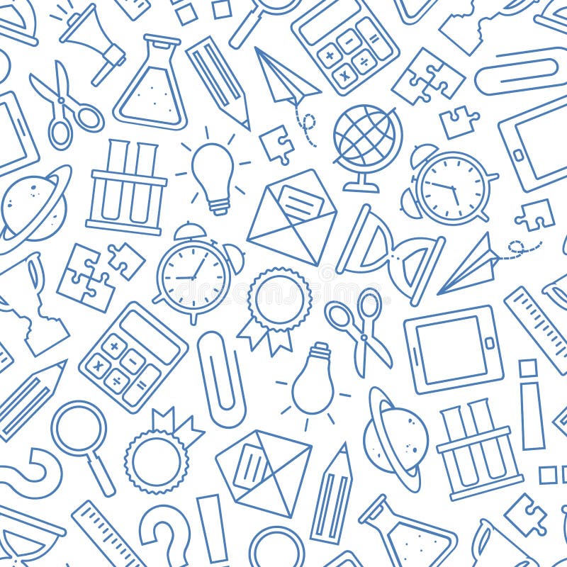 School Seamless Pattern, Blue Vector Doodle Stationery Background ...