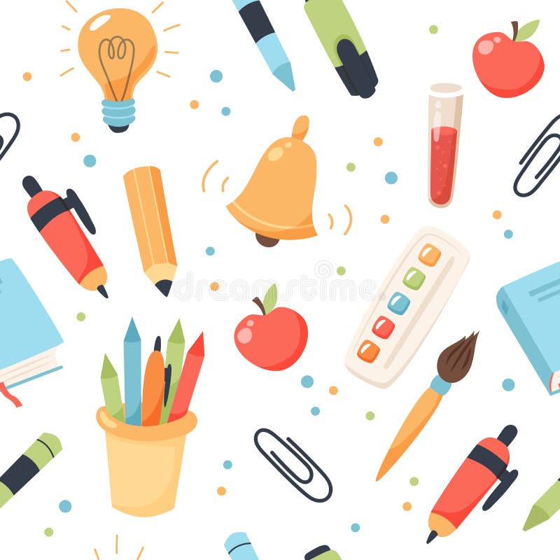 School Seamless Pattern. Supplies and Equipment for Learning. Cute ...