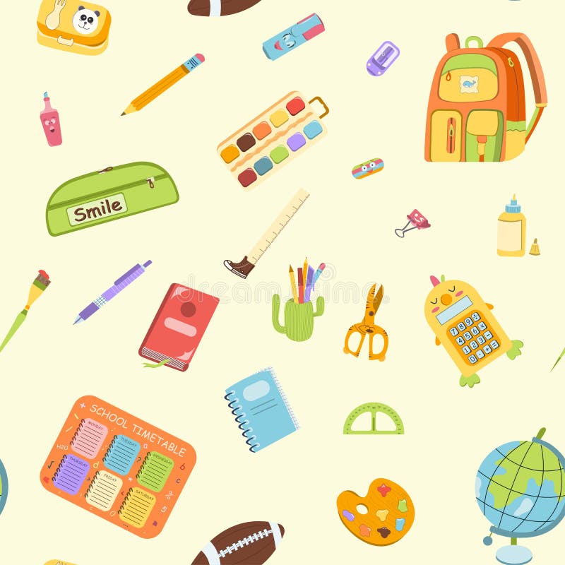 School Seamless Pattern. Supplies for Studying. Cute Vector ...