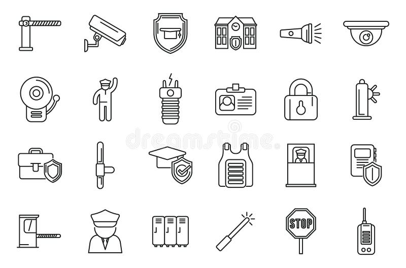 School Security Guard Icons Set Outline Vector. CCtv Agent Stock ...