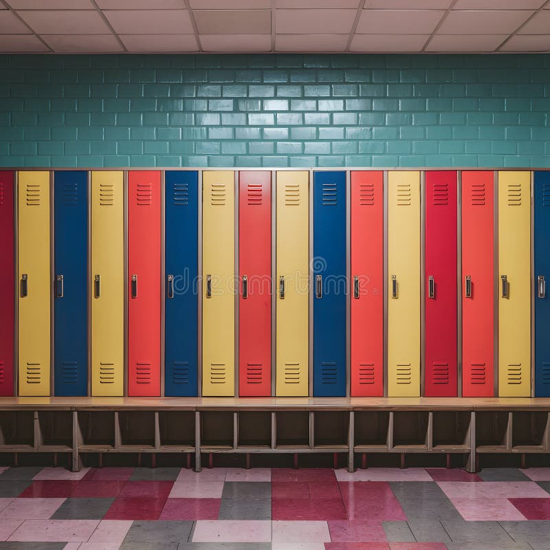School Setting Empty Locker Room with Row of Colorful Lockers Stock ...