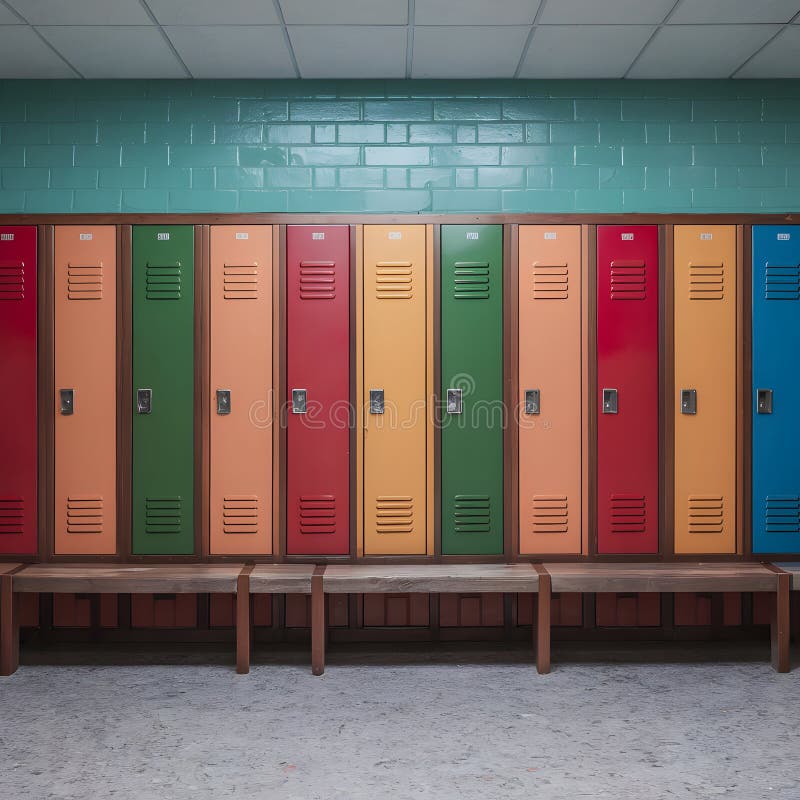 School Setting Empty Locker Room with Row of Colorful Lockers Stock ...
