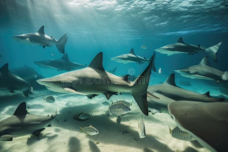 School of Sharks and Rays Swim in Tranquil Underwater Setting Stock ...