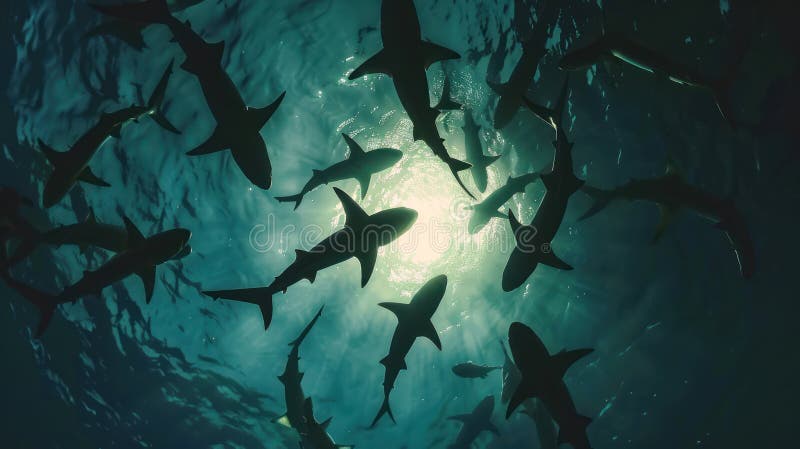 A School of Sharks Swimming in a Circle Around Sunlight Stock ...