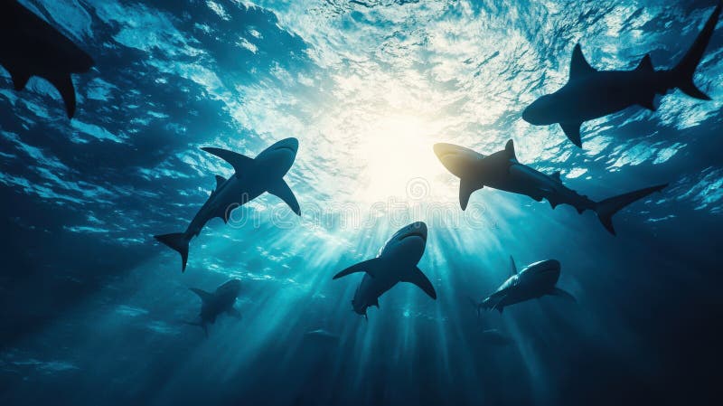 A School of Sharks Swims Gracefully in a Sunlit Ocean, Creating a ...