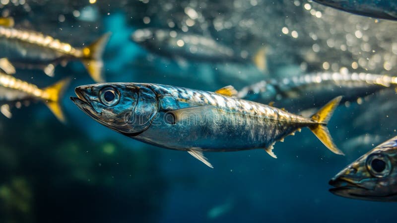 School of Silver Fish Swimming in Dark Blue Ocean Water Stock ...