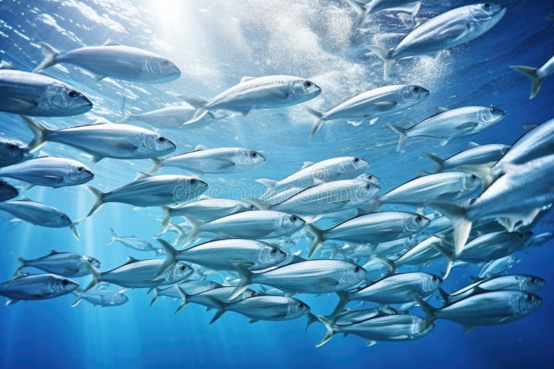 A School of Silver Fish Swimming in Perfect Unison Stock Illustration ...
