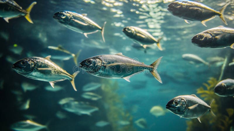 School of Silver Fish Swimming Underwater in Blue Ocean Aquarium Stock ...
