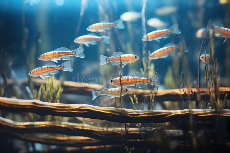 School of Silverfish Reflecting Light in a Dark Tank Stock Image ...