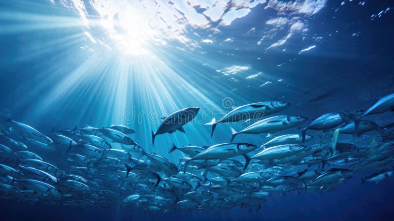 School of Silvery Fish Swimming in the Pacific Ocean with Sun Rays ...