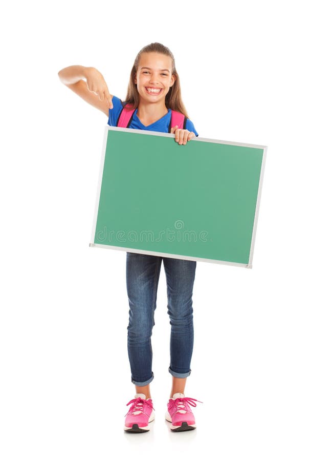School: Smiling Student Points To Blank Chalkboard Stock Image - Image ...