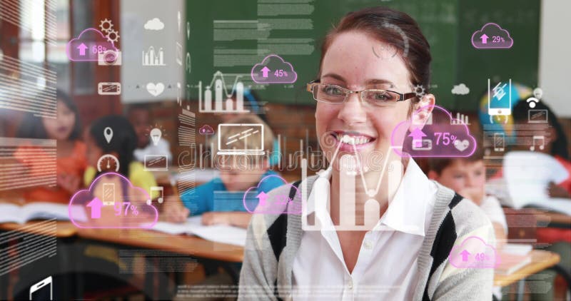 In School, Smiling Teacher with Digital Data Graphics Overlay in ...