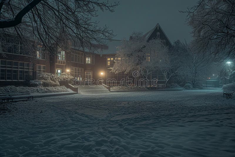 The School Stands Silent in the Dark, Cold Morning, Its Yard Covered in ...