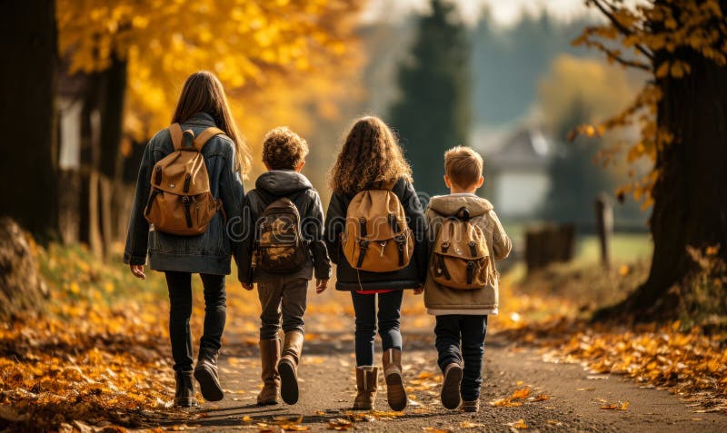 School Start Back View of Children on Countryside Road Stock ...