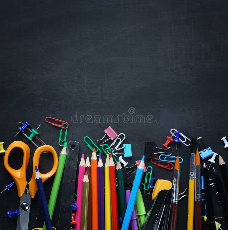 School Stationary on Blackboard Copy Space Top View Stock Image - Image ...