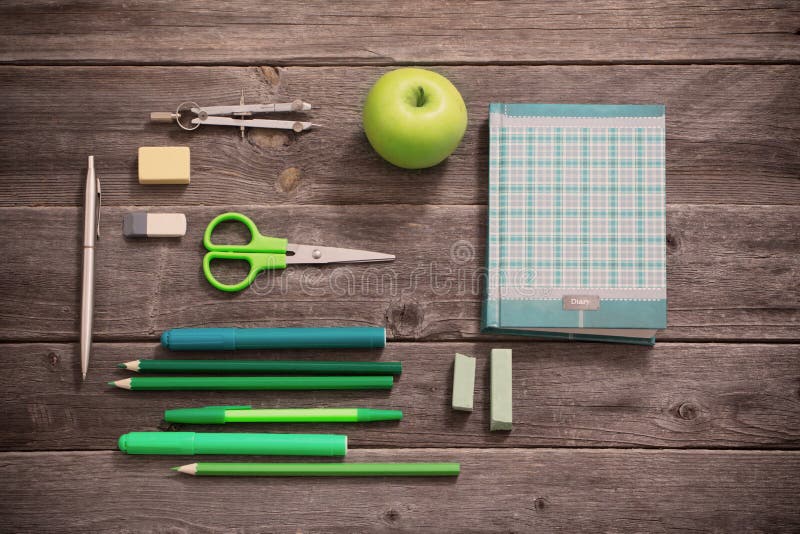 School Stationary on Wooden Table Stock Photo - Image of board, class ...