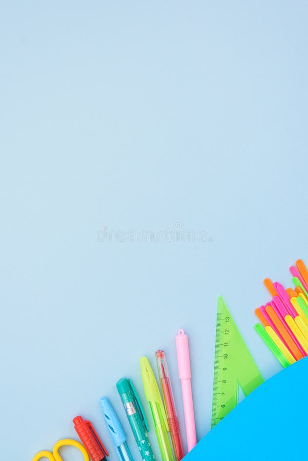 School Stationery Border Frame on Blue Background, Flatlay with ...