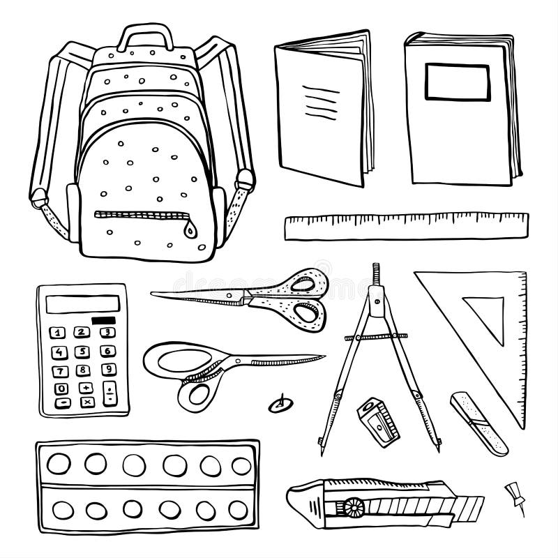 School Stationery. Hand Drawn Outline Doodle Sketch Vector Objects Set ...
