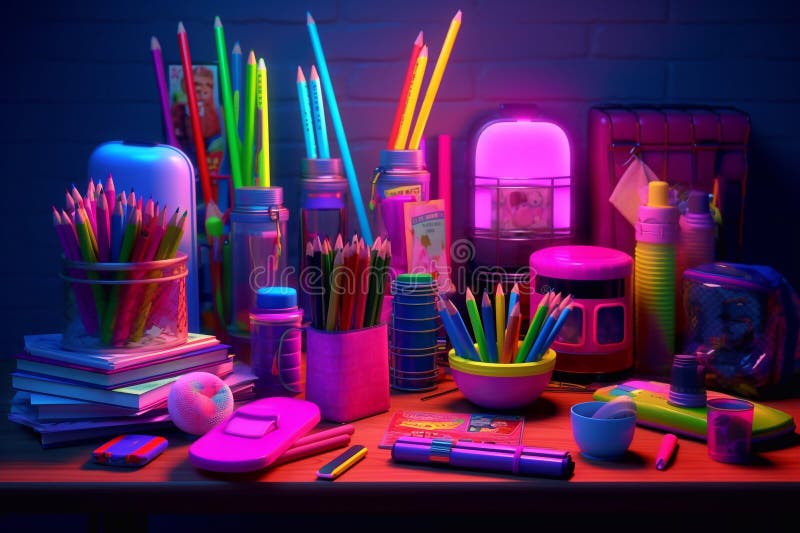 School Stationery with a Neon Effect Stock Illustration - Illustration ...
