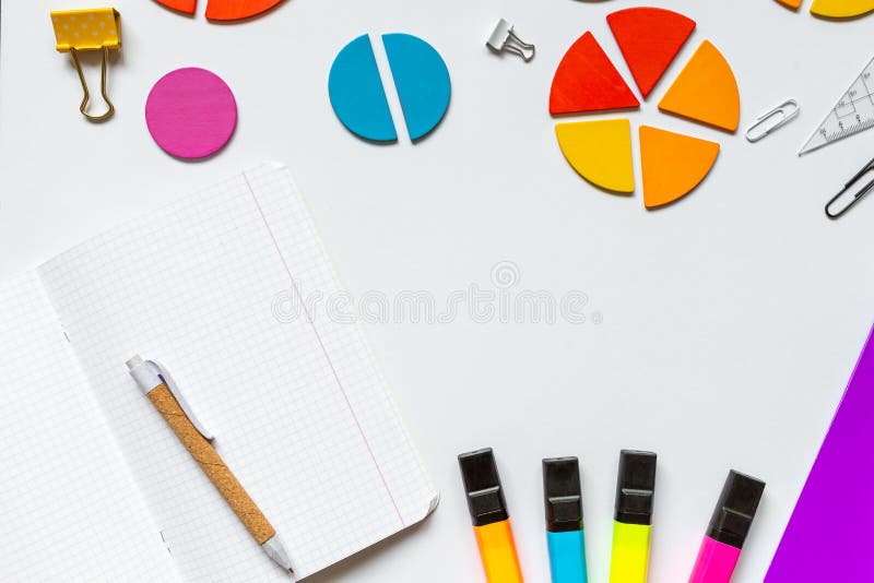 School Stationery on White Background. Colorful Math Fractions, Rulers ...