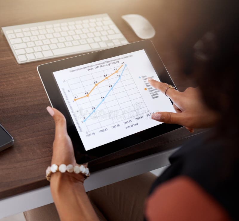 School Statistics, Tablet and Black Woman Hands Looking at Data ...