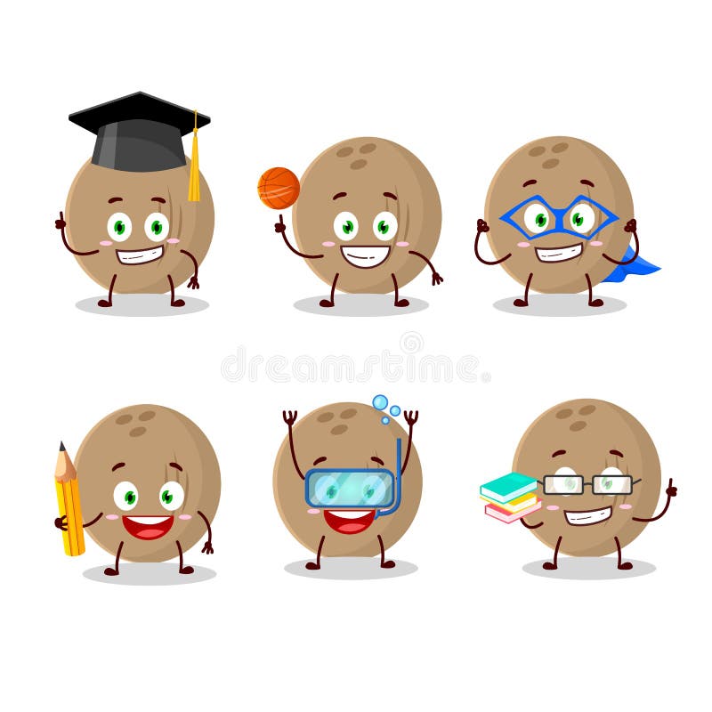 School Student of Brown Coconut Cartoon Character with Various ...