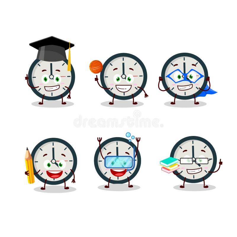School Student of Clock Cartoon Character with Various Expressions ...