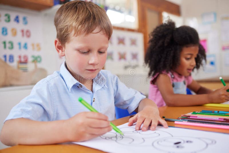 School, Student and Coloring on Drawing in Classroom for Assessment ...