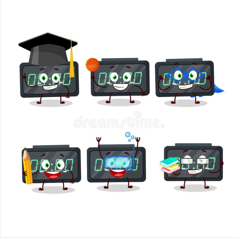 School Student of Digital Alarm Clock Cartoon Character with Various ...