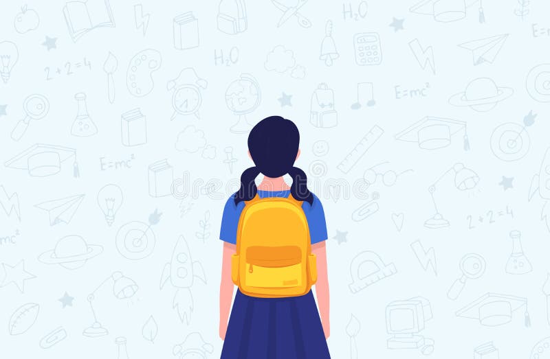 School Student Girl. Back View. Yellow Backpack. Vector Stock Vector ...