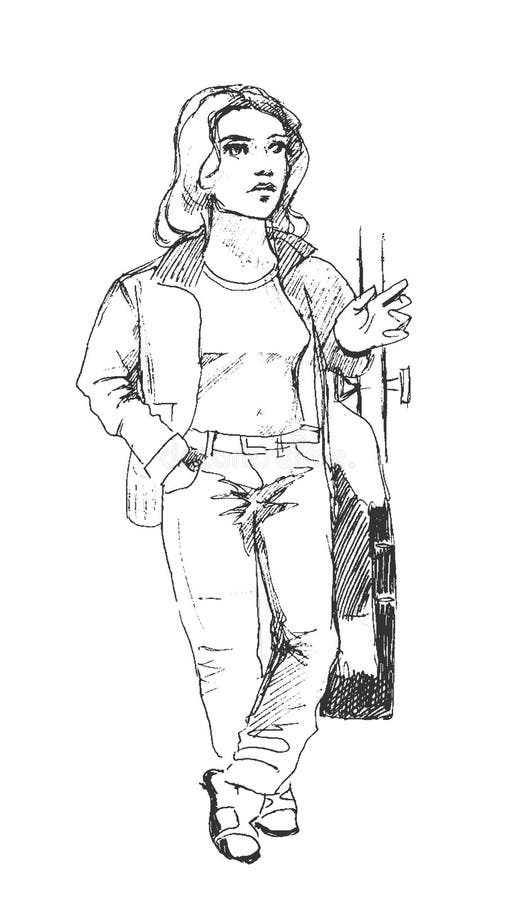 School Student Girl. Sketch Drawing Stock Vector - Illustration of ...