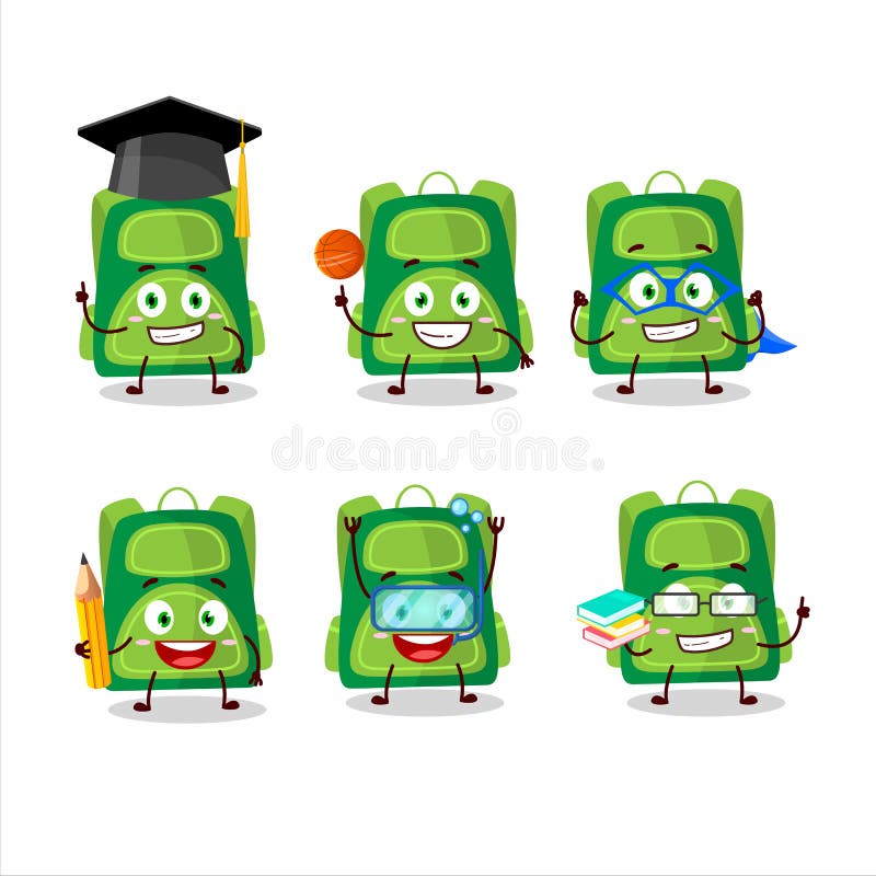 School Student of Green School Bag Cartoon Character with Various ...