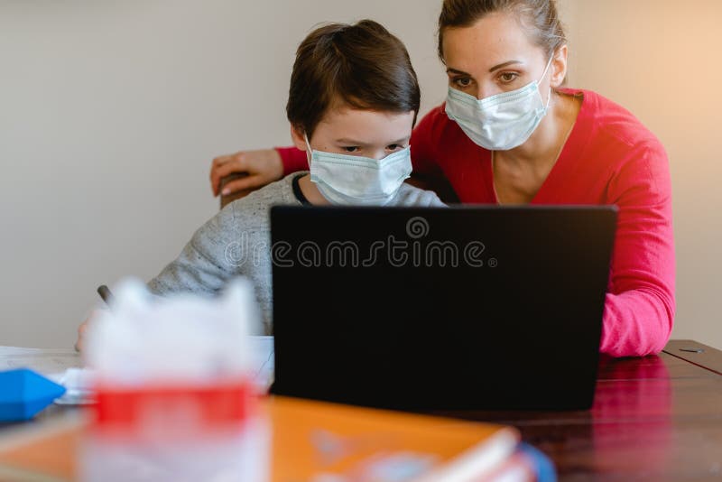 School Student Learning in Video Chat with Teacher in E-learning Stock ...