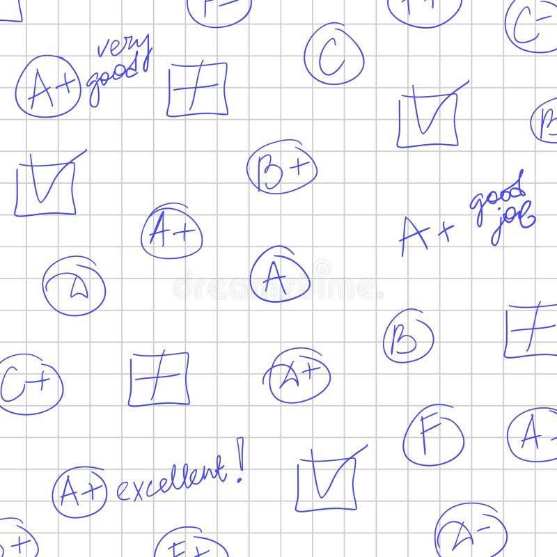 School Student Pattern Checkered Notebook Sheet with Blue Pen Grades ...