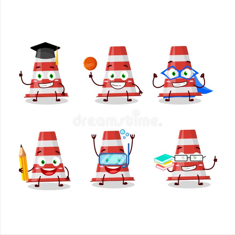 School Student of Red Traffic Cone Cartoon Character with Various ...