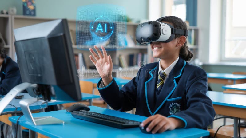 School Student with VR Headset Using AI Artificial Intelligence ...